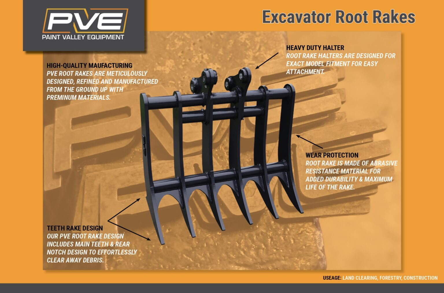 PVE Ripper & Root Rake Attachments - Paint Valley Equipment